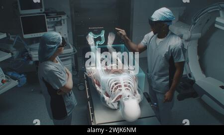 Diverse surgeons in AR headsets work in operating room using futuristic ...