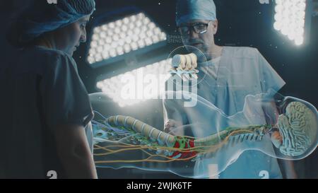 Male and female surgeons in AR headsets perform surgery in operating ...