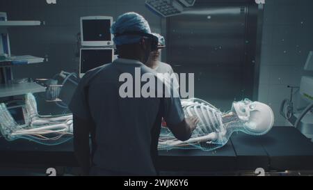 Diverse surgeons in AR headsets work in operating room using futuristic ...
