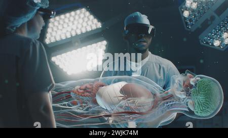 Diverse surgeons in AR headsets work in operating room using futuristic ...