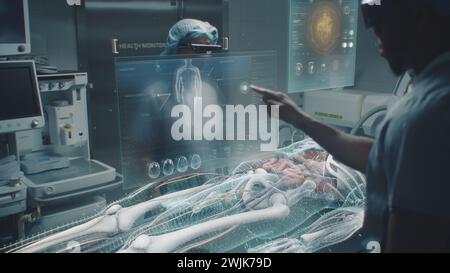 Diverse surgeons in AR headsets work in operating room, perform virtual ...