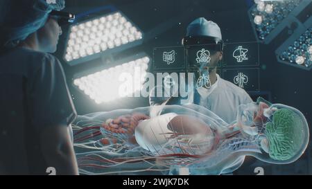 Diverse surgeons in AR headsets work in operating room using futuristic ...