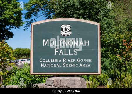The entrance sign for Multnomah Falls which is off the Columbia River ...