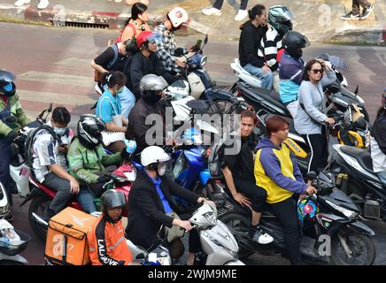 Overhead view of a traffic jam of motorbikes and their drivers at a ...