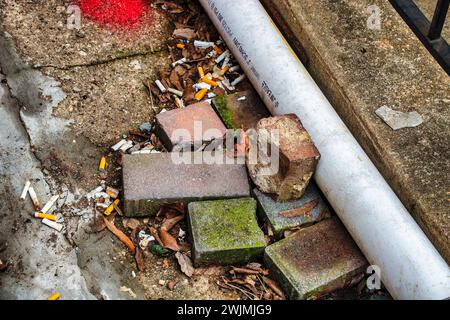 Cigarette ends in a container outside a bar Stock Photo - Alamy