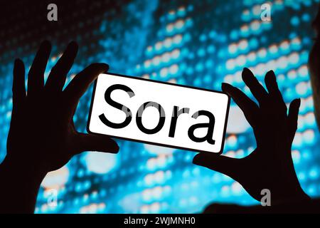 In this photo illustration, the Sora logo is displayed on a smartphone ...