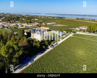 Aerial view, left bank Gironde Estuary, green vineyards, red Cabernet ...