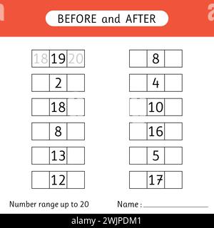 Fill in the missing numbers. Before and after. Number range up to 20 ...