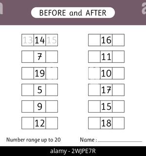 Fill in the missing numbers. Before and after. Number range up to 100 ...