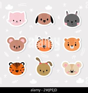 Set of cartoon stickers with animals for kids. Cute hand drawn ...