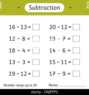 Subtraction. Number range up to 20. Mathematics. Math worksheet for ...