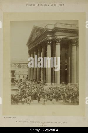 Funeral of Victor Hugo, crowns of flowers under the colonnades, side ...