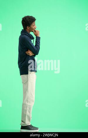 The hand at the chin thinks confident style, fashion jacket isolated ...