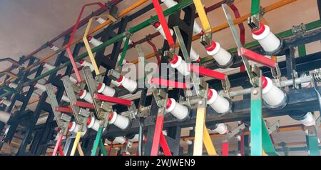 many circuit breakers inside the old power Electrical substation ...