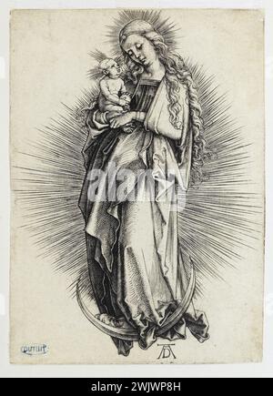Albrecht Dürer Mary with long hair on the crescent moon. Copper ...