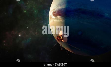 View of the planet Neptune. Voyager probe in exploration around the ...