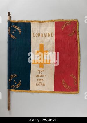 Flag of the FFI. The French resistance in Reims. On display at the ...