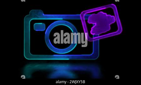 Looping neon glow effect camera icon, black background Stock Photo - Alamy
