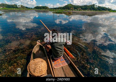 India, Manipur, Imphal, Loktak Lake, Sendra Island, wooden dugout ...