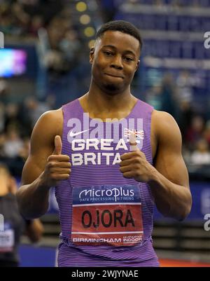 Tade Ojora after winning the 60 m Hurdles - Men Final during day one of ...