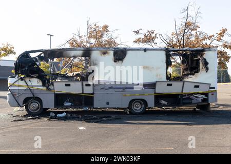Burned out RV motorhome interior after a fire or explosion or fire bomb ...