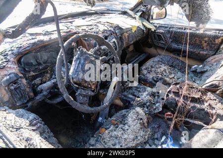 Burned out RV motorhome interior after a fire or explosion or fire bomb ...