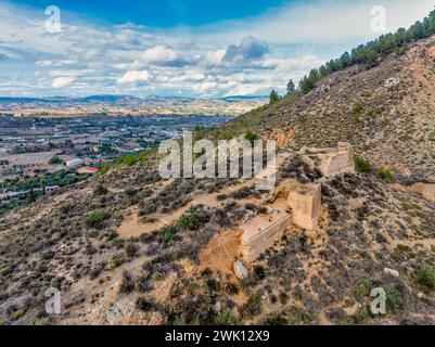 Aerial view of Pliego town and medieval castle in Southern Spain ...