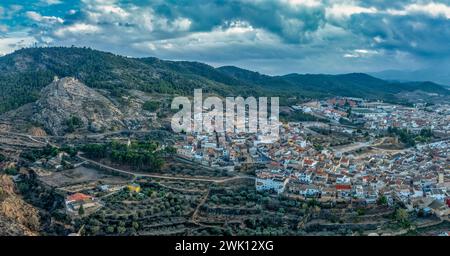 Aerial view of Pliego town and medieval castle in Southern Spain ...