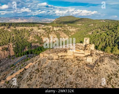 Aerial view of Pliego town and medieval castle in Southern Spain ...