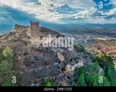 Aerial view of Pliego town and medieval castle in Southern Spain ...
