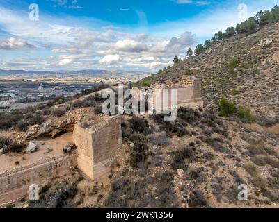 Aerial view of Pliego town and medieval castle in Southern Spain ...