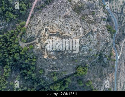Aerial view of Pliego town and medieval castle in Southern Spain ...