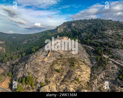 Aerial view of Pliego town and medieval castle in Southern Spain ...