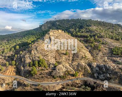 Aerial view of Pliego town and medieval castle in Southern Spain ...