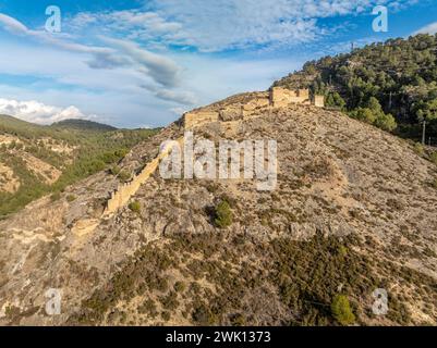 Aerial view of Pliego town and medieval castle in Southern Spain ...