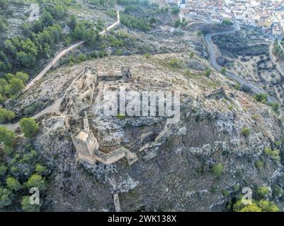 Aerial view of Pliego town and medieval castle in Southern Spain ...