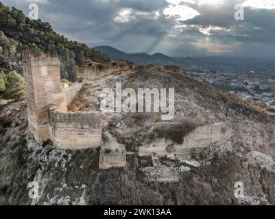 Aerial view of Pliego town and medieval castle in Southern Spain ...