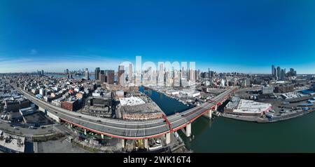 Aerial view of the Pulaski Bridge which crosses the Newtown Creek and ...