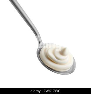 Silver spoon with mayonnaise isolated on white Stock Photo - Alamy