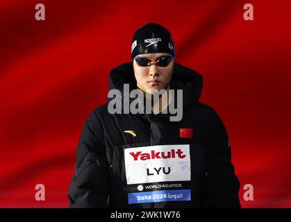 Doha, Qatar. 17th Feb, 2024. Gold medalists Yu Yiting, Pan Zhanle, Wang ...