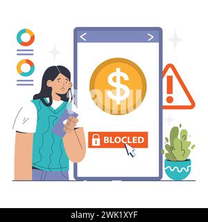 Blocked Account concept. Concerned young woman viewing a warning of a ...