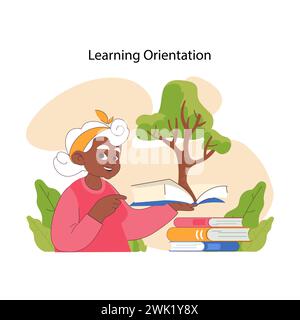 Learning orientation concept. Older woman pointing at book with growing ...