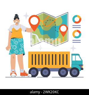 Efficient logistics concept. A confident woman presents a route map for ...