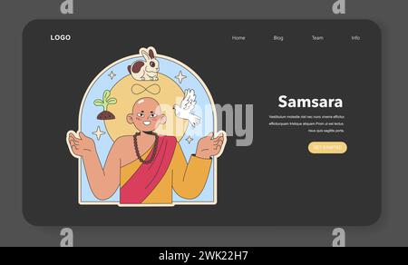 Samsara concept illustration. A monk surrounded by symbolic creatures ...