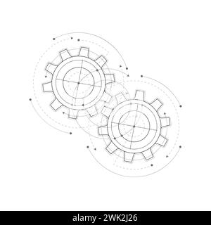 Technical drawing of gears .Rotating mechanism of round parts .Machine ...
