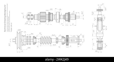 Technical drawing of gears .Rotating mechanism of round parts .Machine ...