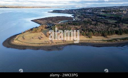 Aerial view of Kinneil Nature Reserve on the shore of the river Forth ...