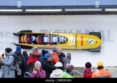 18 February 2024, Saxony, Altenberg: Bobsleigh, World Cup, four-man ...