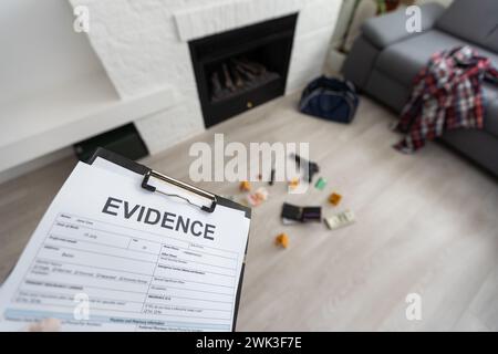 forensic 's hand in black glove writing on evidence bag and seal by red ...