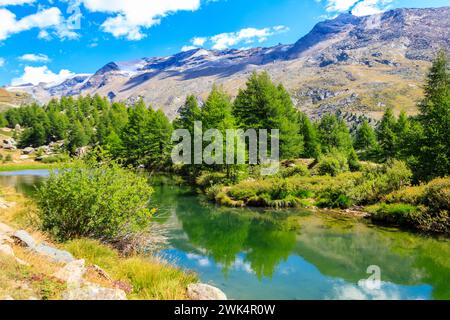 View of Grindji Lake (Grindjisee) and Swiss Alps at summer on Five-lake ...
